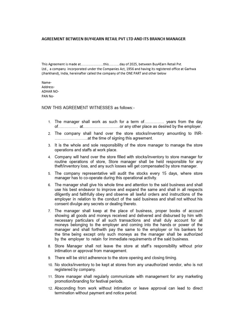 Buy4Earn Store Manager Agreement | PDF | Salary | Private Law