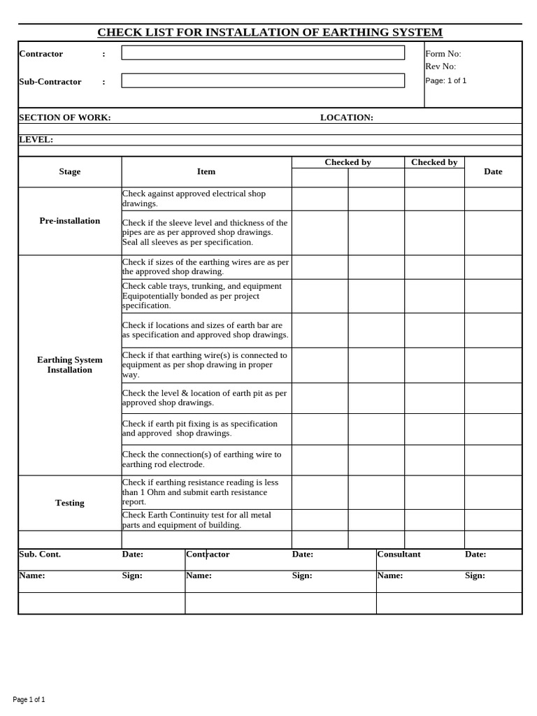 Inspection Checklist For Installation of Earthing System | PDF ...