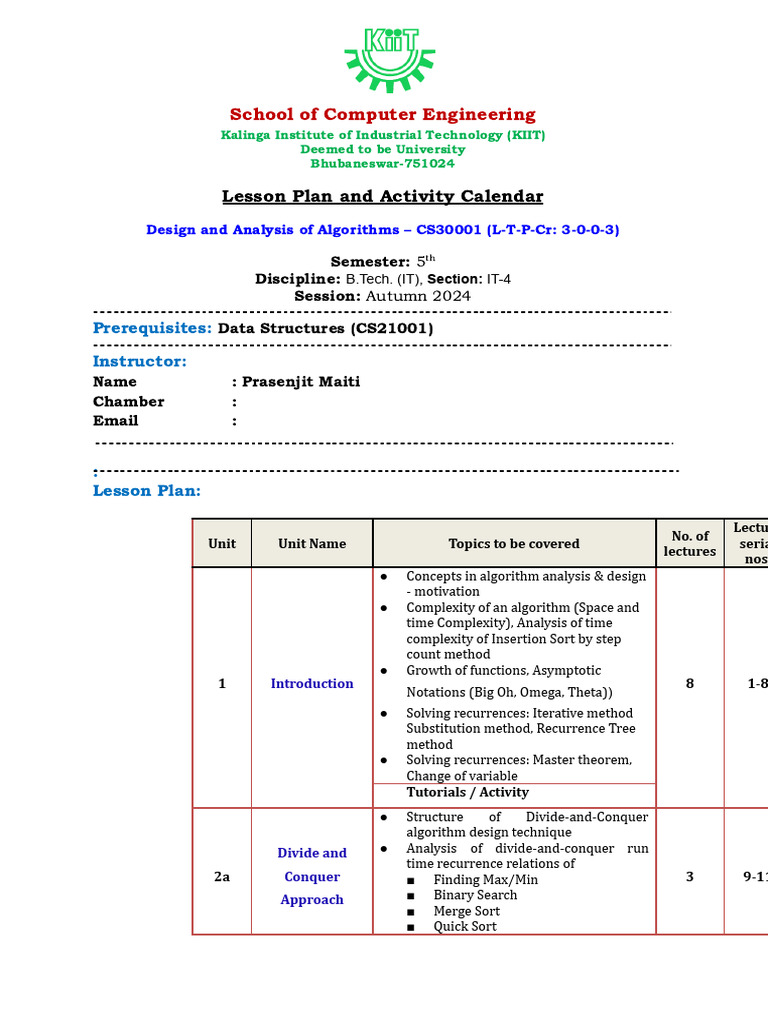 Final_Autumn 2024 CS30001 DAA Theory Complete Lesson Plan.docx | PDF ... Final_Autumn 2024 CS30001 DAA Theory Complete Lesson Plan.docx | PDF ...
