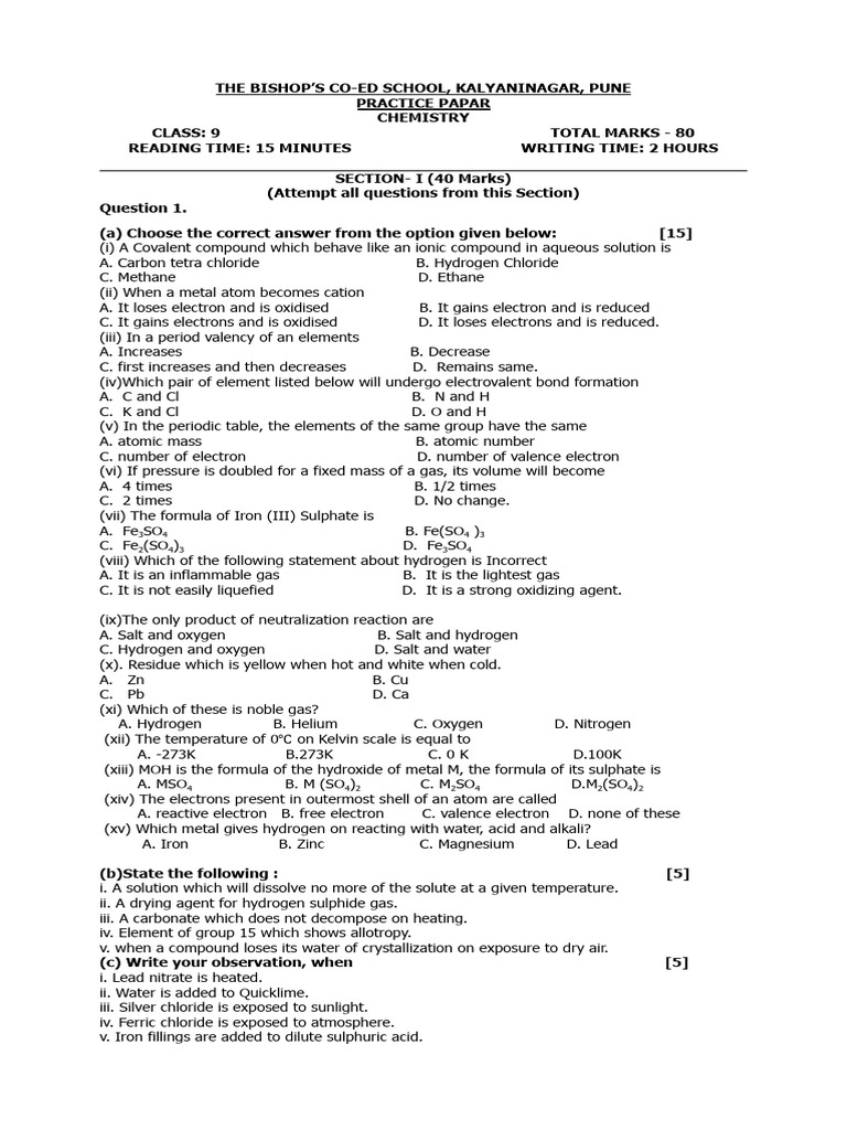 Class 9 Chemistry Practice Paper | PDF | Chemical Elements | Oxide
