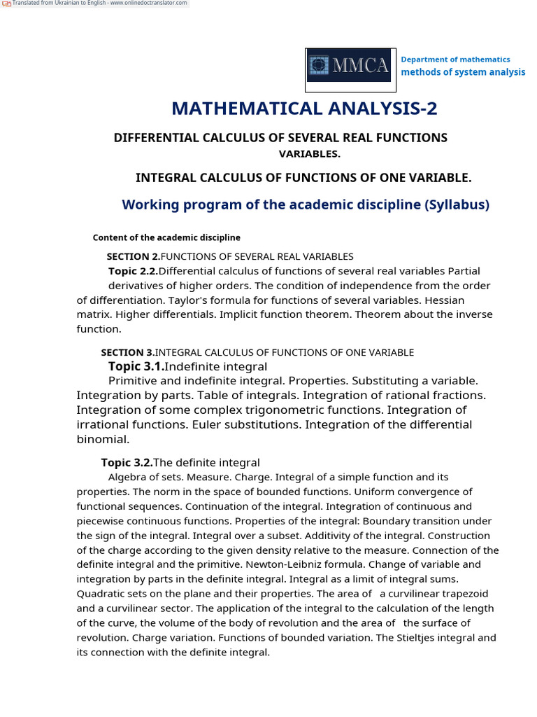 Mathematical Analysis Syllabus Overview | PDF | Integral | Function (Mathematics)