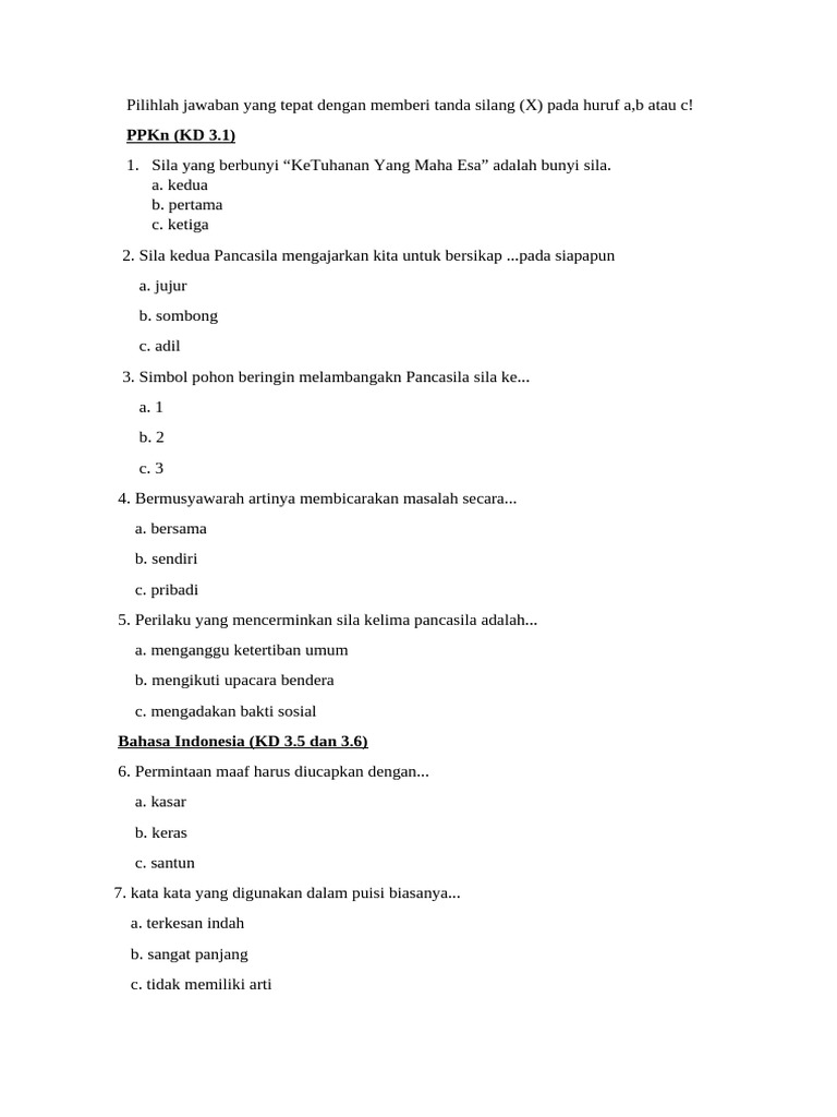 SOAL PH 1 PPKN & BAHASA INDONESIA SEM 2 THN 2022 | PDF