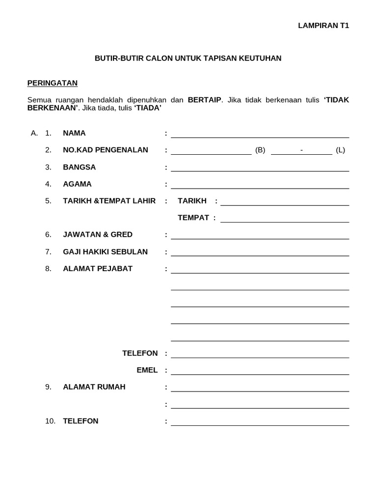 Lampiran T1 - Borang Tapisan Keutuhan SPRM | PDF