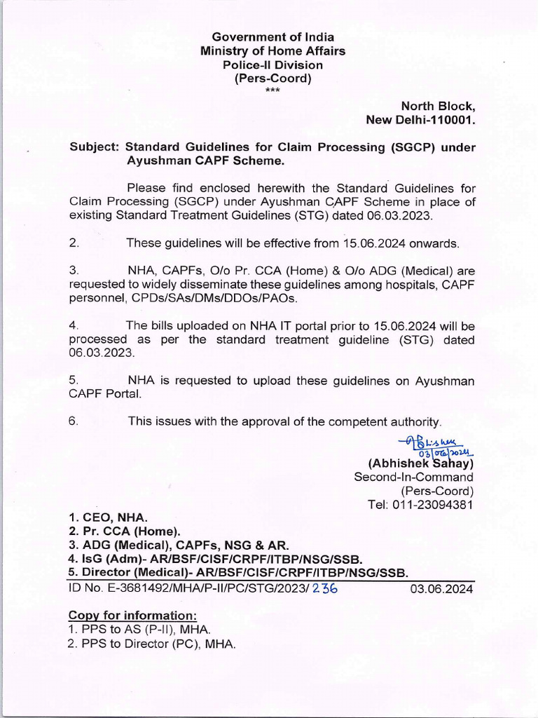 236-Standard Guidelines For Claim Processing (SGCP) Under Ayushman CAPF ...