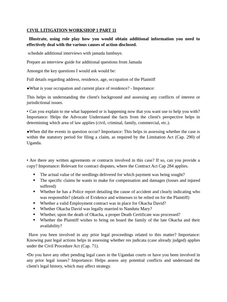 Civil Litigation Workshop: Interview Guide | PDF | Lawsuit | Common Law