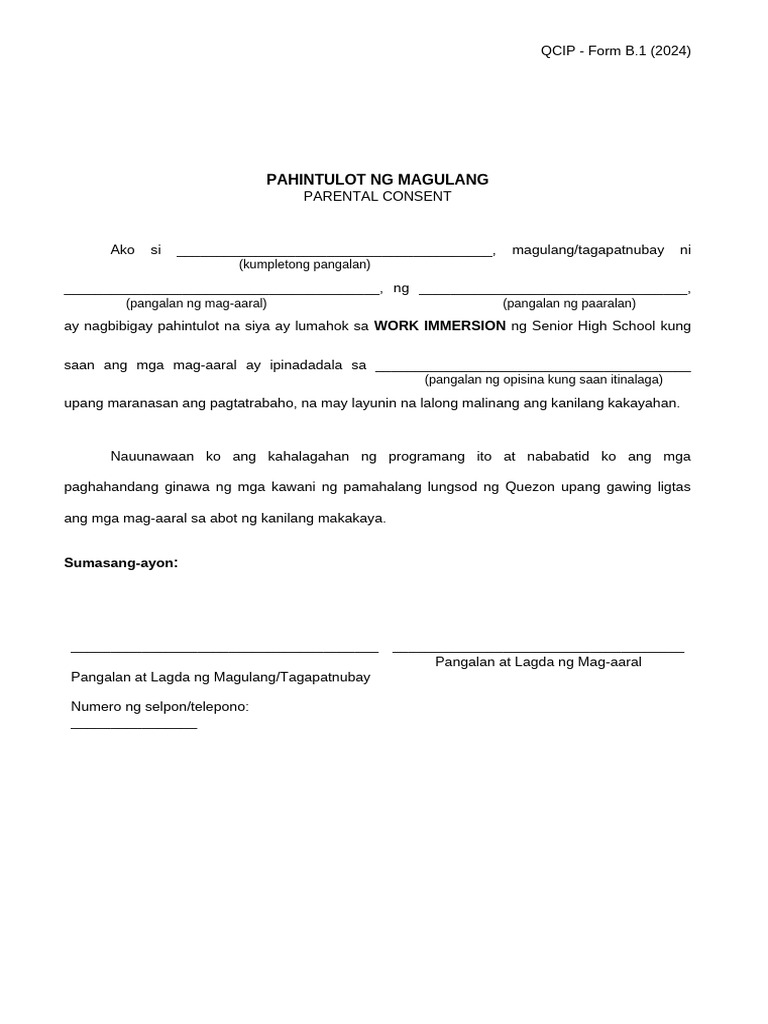 FORM B.1 - Work Immersion Parental Consent | PDF