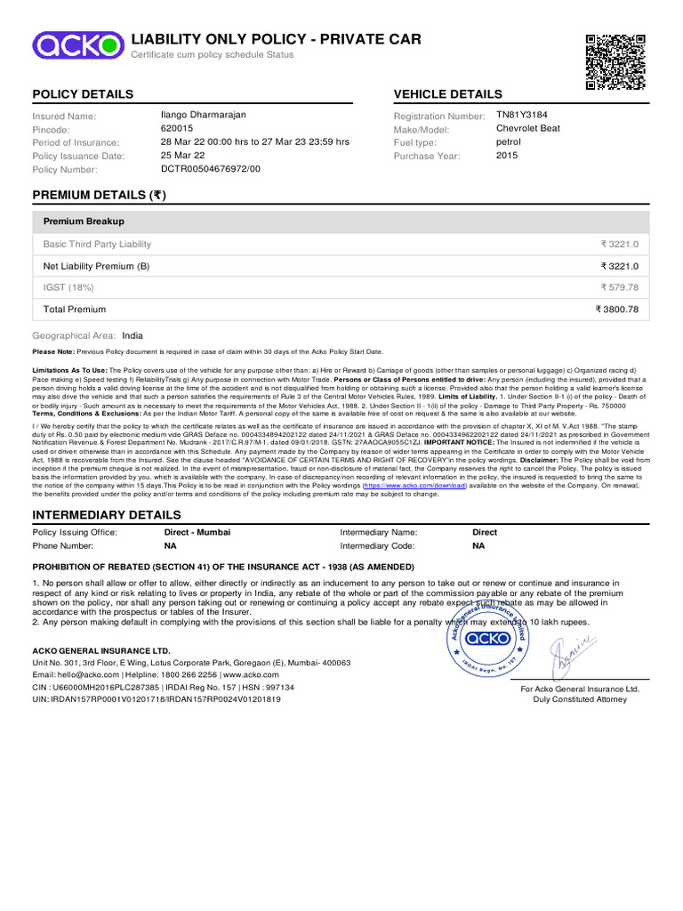 Acko Car Policy - DCTR00504676972 - 00 | PDF | Insurance | Private Law