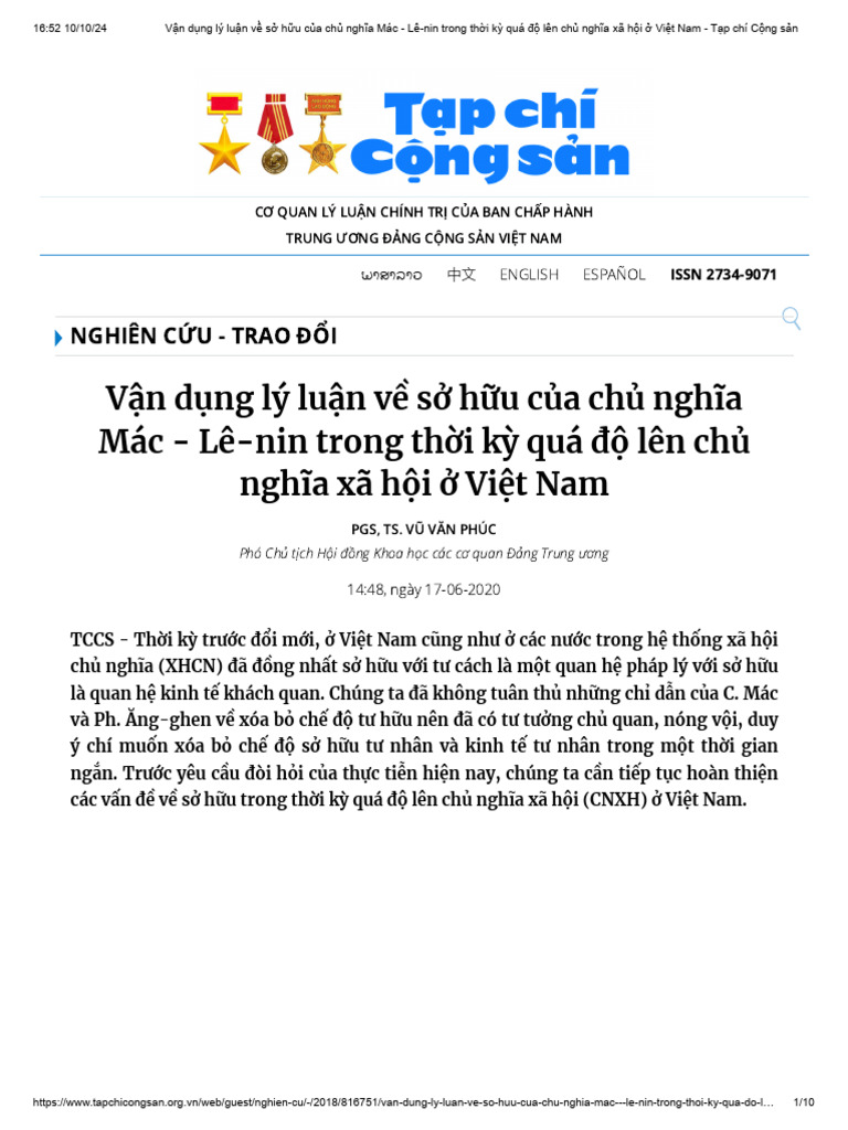 Vận dụng lý luận về sở hữu của chủ nghĩa Mác - Lê-nin trong thời kỳ quá ...
