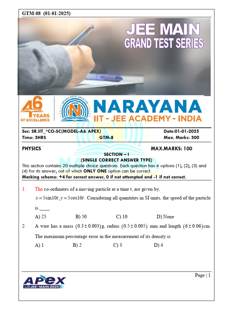 01-01-2025 SR - Star Co-Sc (Model-A& Apex) Jee Main Gtm-8 QP | PDF ...
