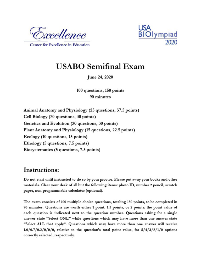 USABO 2020 Semifinal Exam Overview | PDF | Creatinine | Blood Type