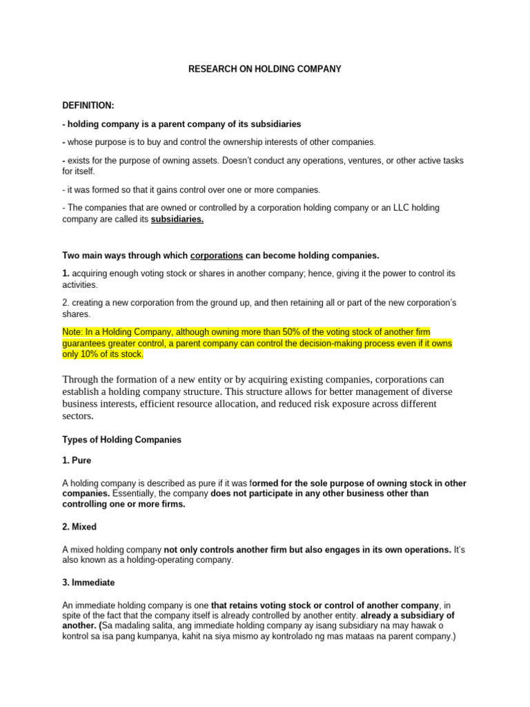 Understanding Holding Companies: Types & Examples | PDF | Holding ...