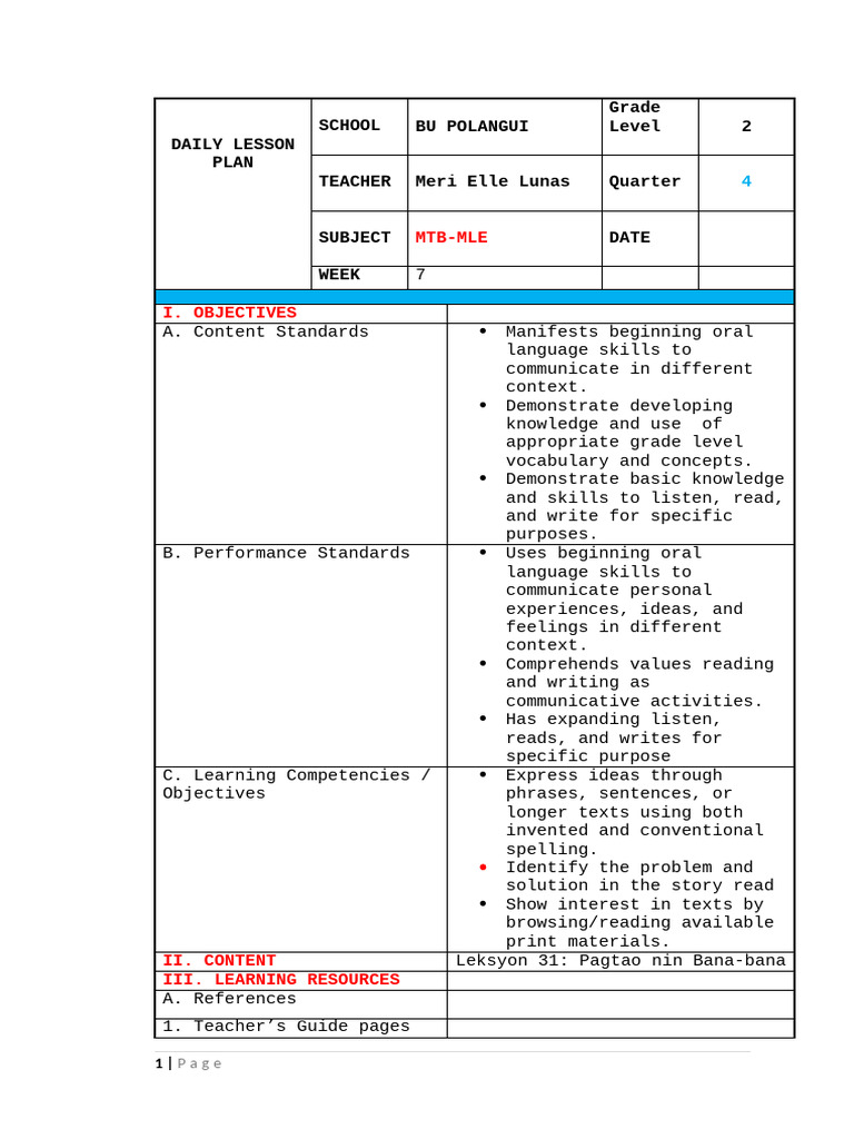 Detailed Lesson Plan MTB Mle Grade1 | PDF