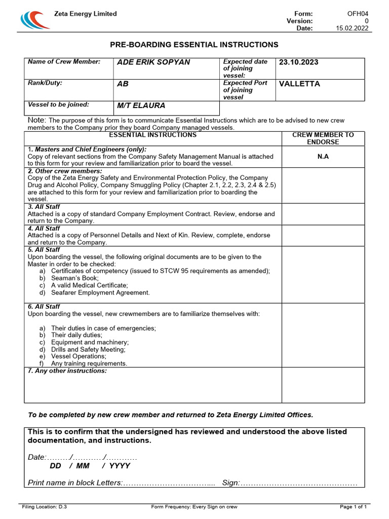 Zeta Energy Crew Pre-Boarding Instructions | PDF | Sailor