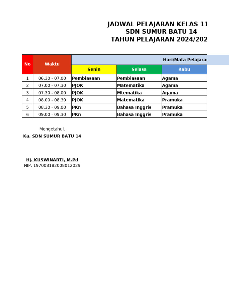 Jadwal Pelajaran ! 2024 Kelas 2b | PDF