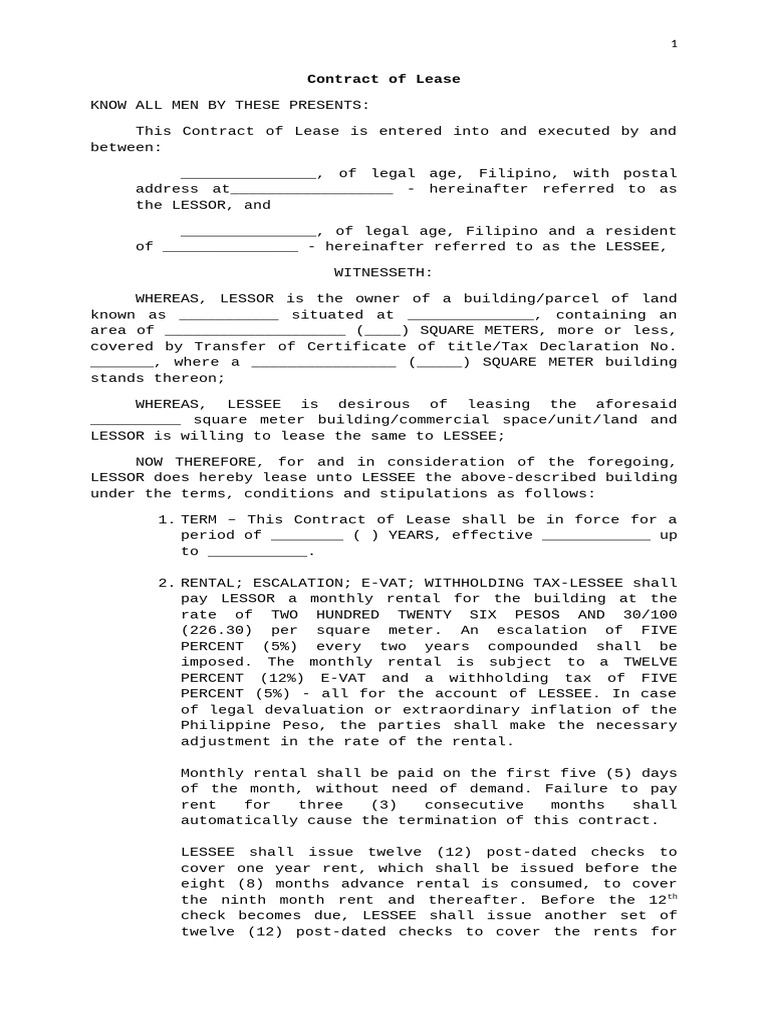 Contract of Lease Template | PDF | Lease | Renting
