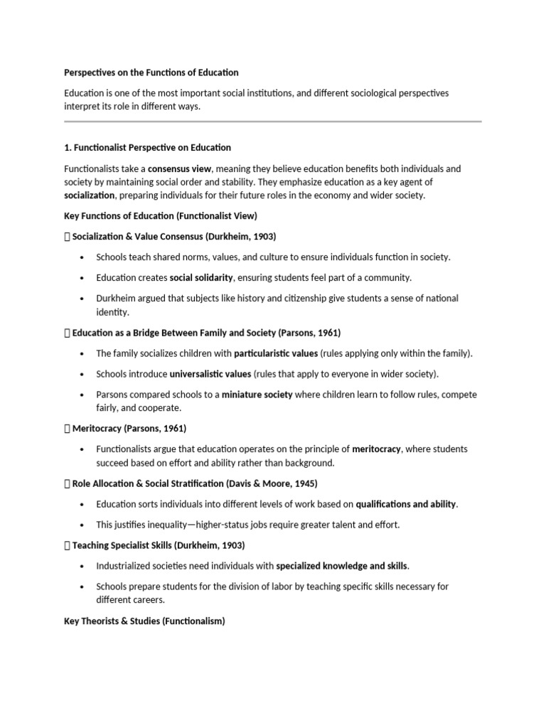 Perspectives on the Functions of Education | PDF | Society | Meritocracy