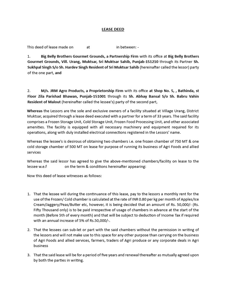 Cold Storage Lease Deed-JRM Agro | PDF | Lease | Property Law