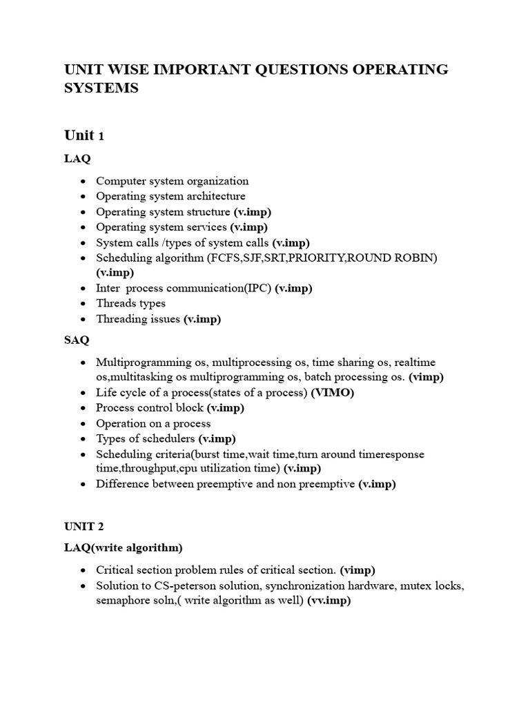 Unit Wise Important Questions Operating Systems | PDF | Process (Computing) | Scheduling (Computing)