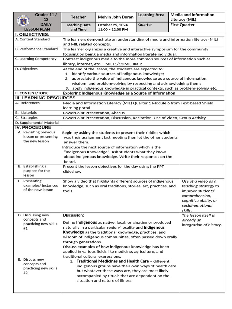 Lesson Plan MIL | PDF | Knowledge | Learning