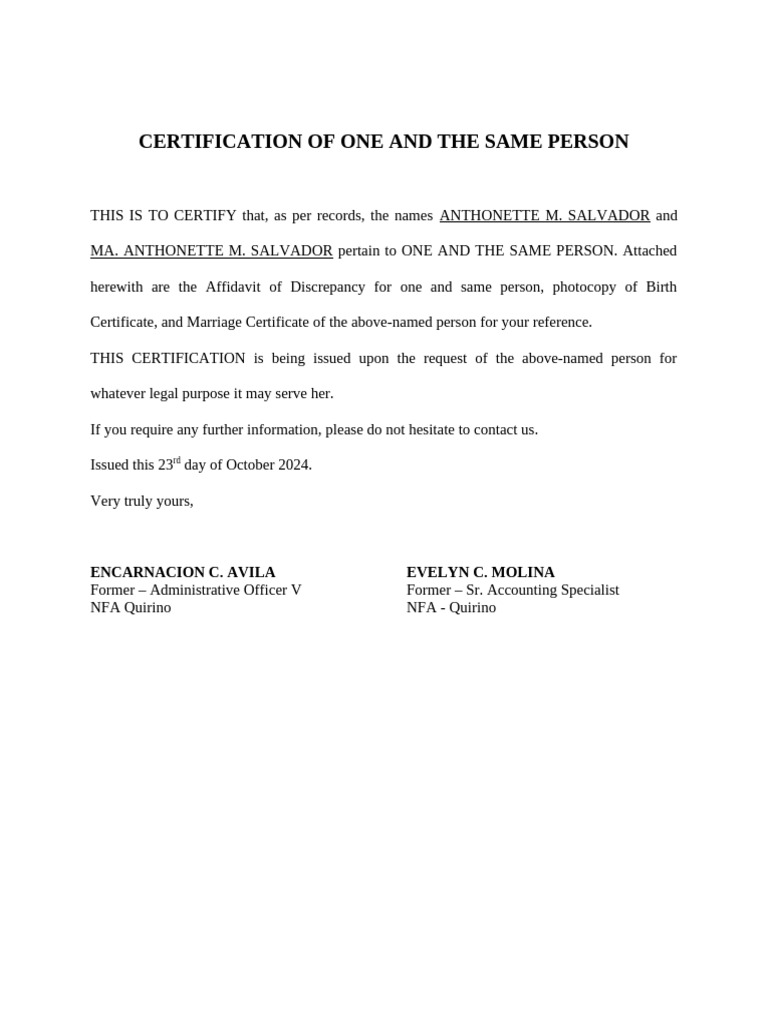 Certification of Same Person | PDF