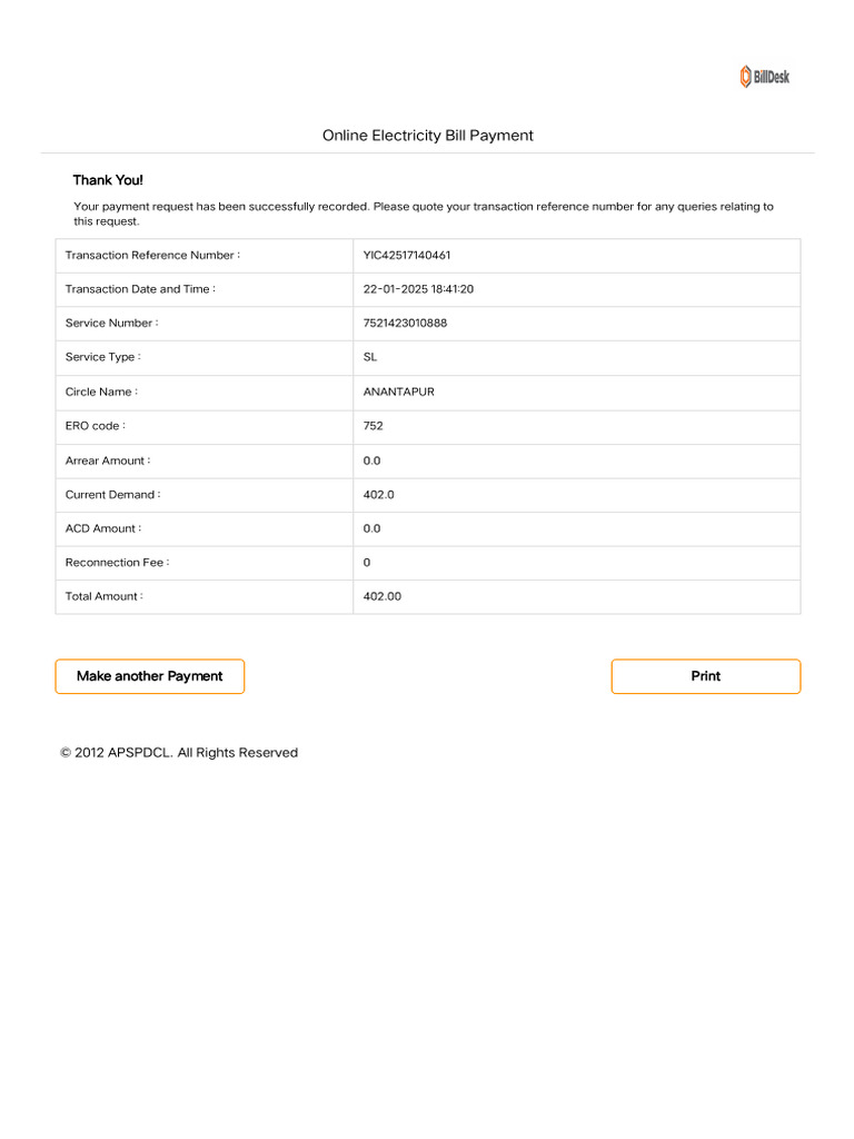 Online Electricity Bill Payment Confirmation | PDF