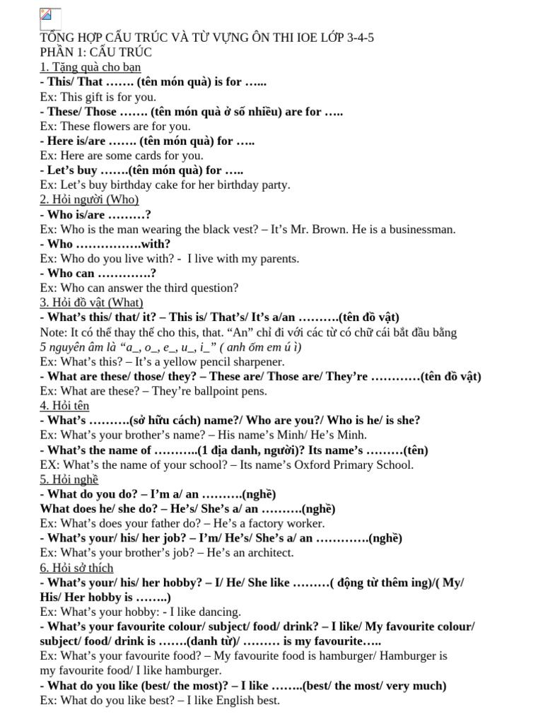 TỔNG HỢP CẤU TRÚC VÀ TỪ VỰNG ÔN THI IOE LỚP 3 | PDF | Vietnam
