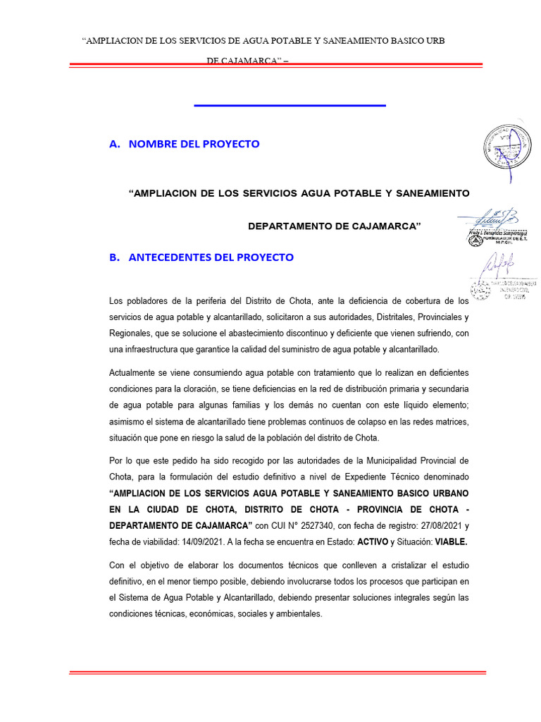 1.2 Resumen Ejecutivo Chota - 20240214 - 151847 - 872 | PDF | Saneamiento | Agua