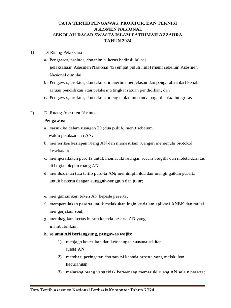 Tata Tertib Pengawas, Proktor, Teknisi Dan PesertaANBK | PDF