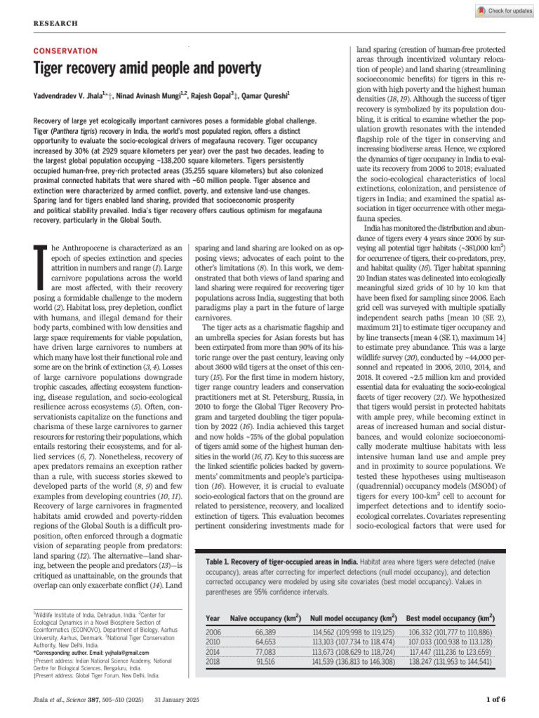 Tiger recovery amid people and poverty (Science 387, 505–510 (2025 ...