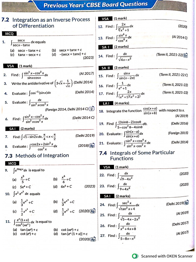 integration pyq board | PDF
