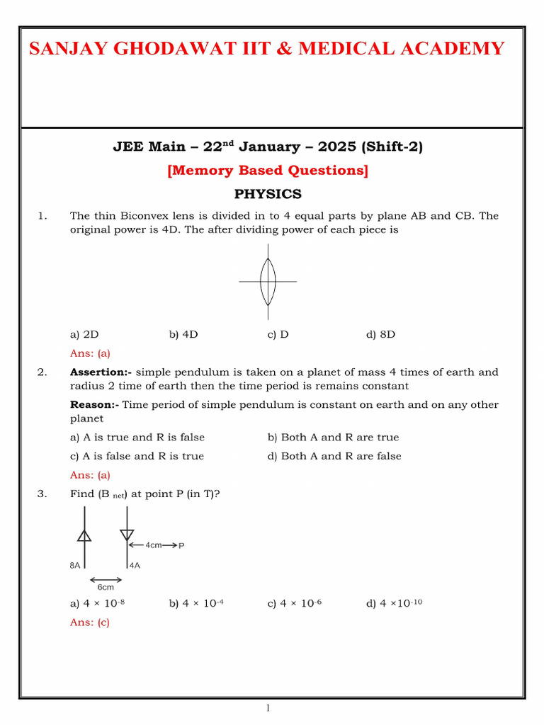 JEE Main 2025 22nd Jan Shift 2 Question Paper With Solutions | PDF