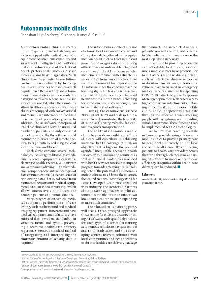 Autonomous Mobile Clinics Revolutionizing Healthcare | PDF | Health ...