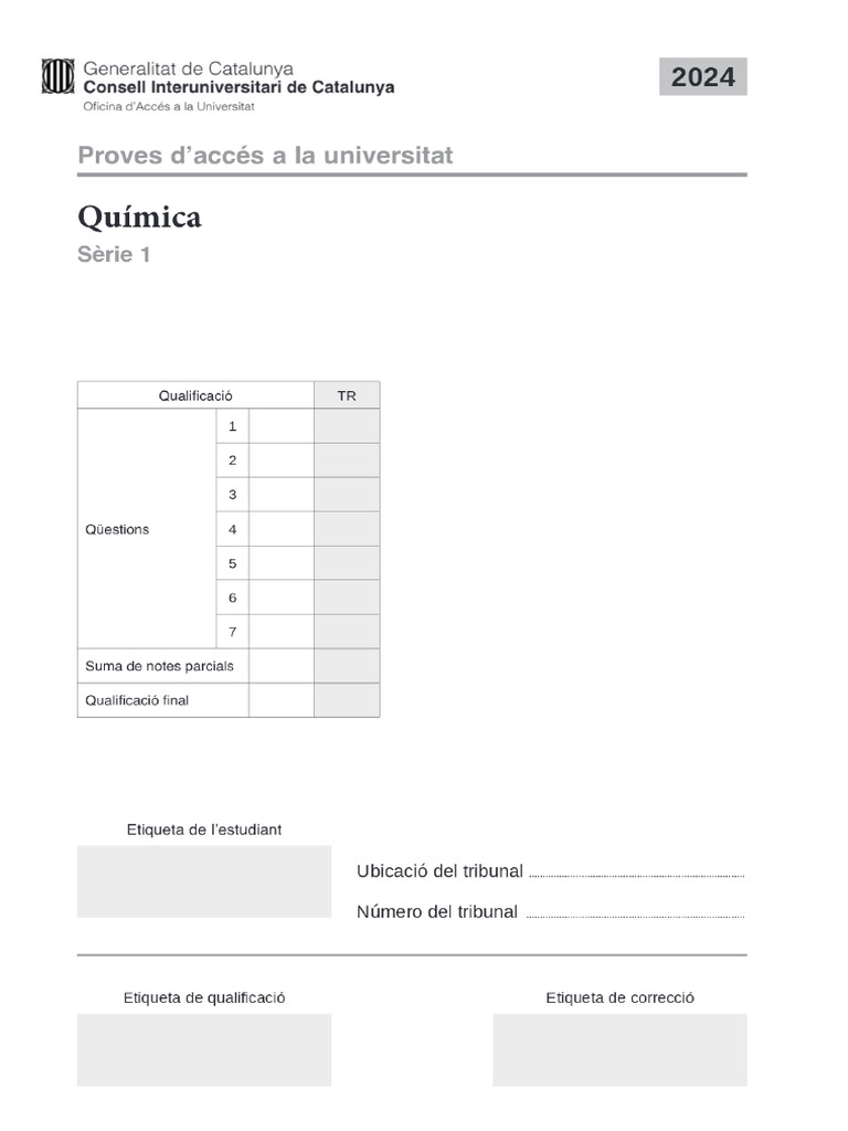 Examen de Química Juny 2024 | PDF