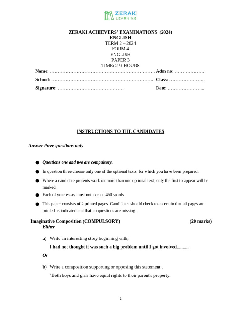 English - Paper 3 - Question Paper | PDF