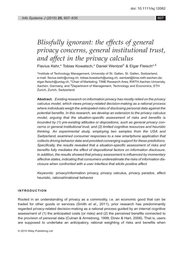 Kehr2015 - Blissfully Ignorant The Effects of General Privacy Concerns ...