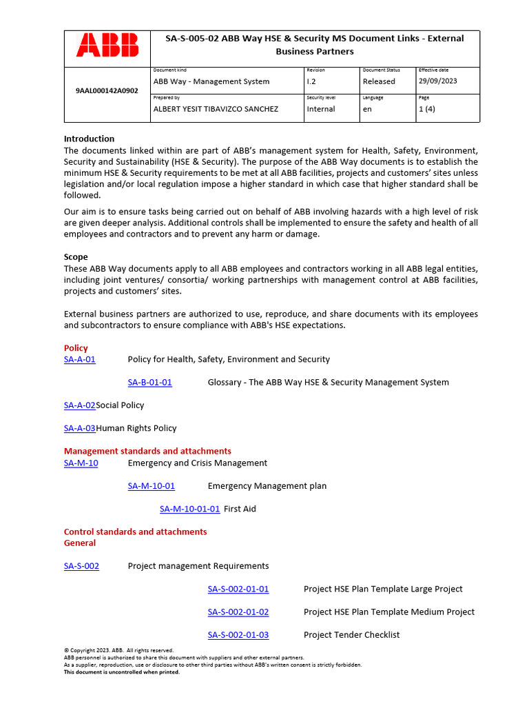 SA-S-005-02 ABB Way HSE & Security MS Document Links - External ...