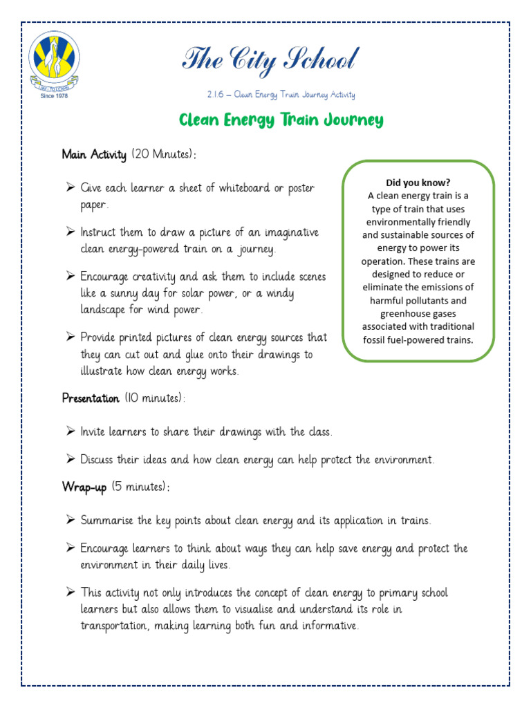 2.1.6 - Clean Energy Train Journey Activity | PDF | Renewable Energy ...