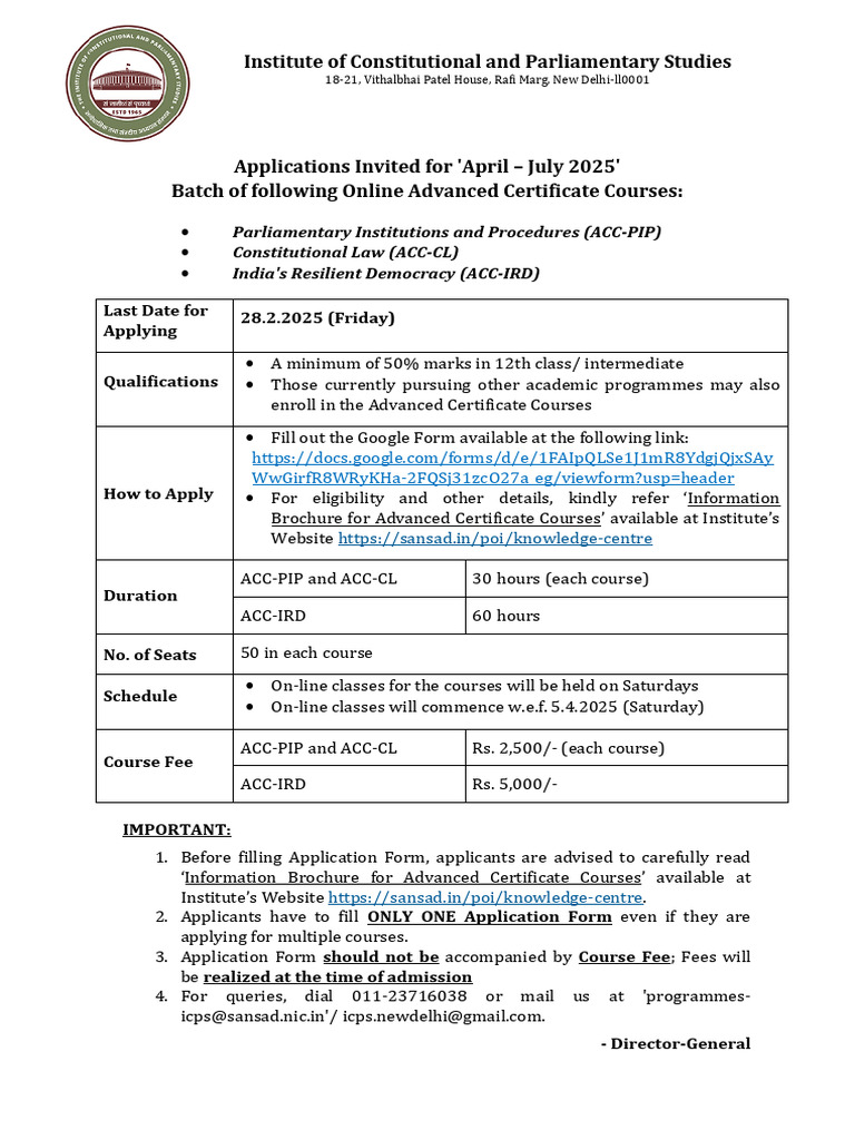 Notice for Adm - Adv Cert Courses (April-July 2025) | PDF