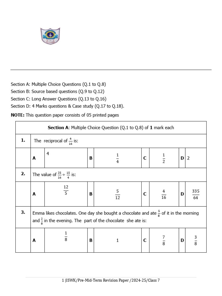 Class 7 Math Revision Paper 2024-25 | PDF | Arithmetic | Mathematics