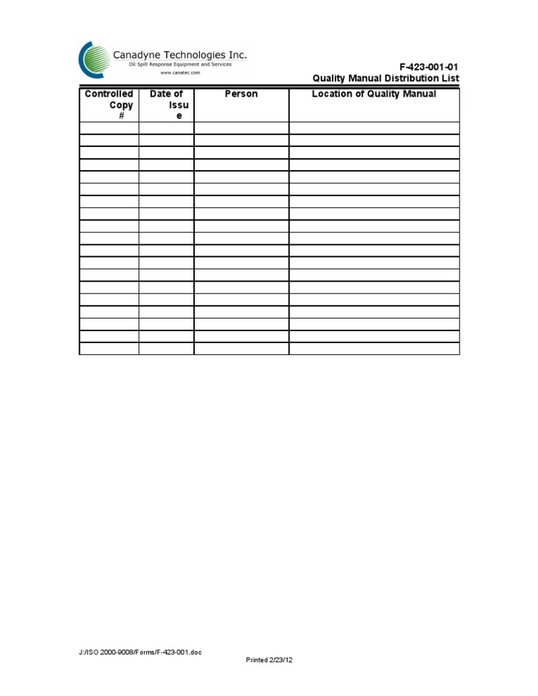 Quality Manual Distribution List | PDF