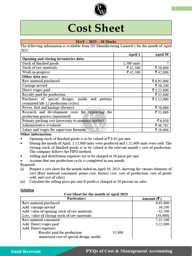 1. Cost Sheet | PDF | Cost Of Goods Sold | Cost
