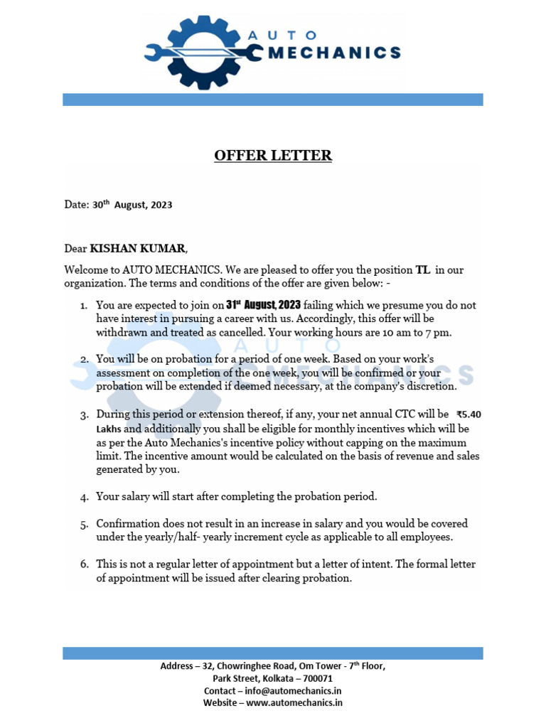 Intent Offer Letter - KISHAN KUMAR | PDF