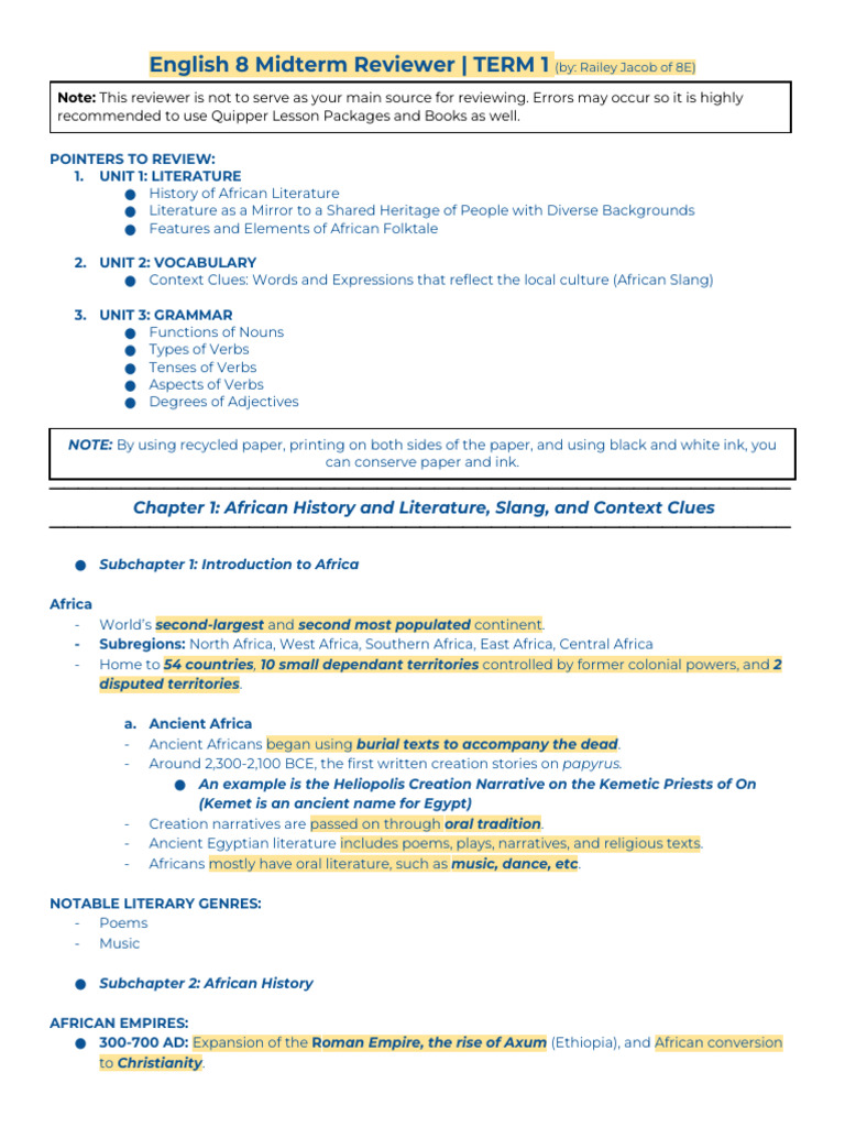 English 8 Midterm Reviewer - Term 1 | PDF | Noun | Grammatical Gender