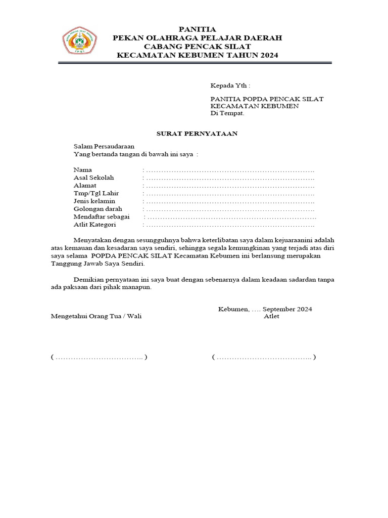 Surat Pernyataan Atlet Pencak Silat | PDF