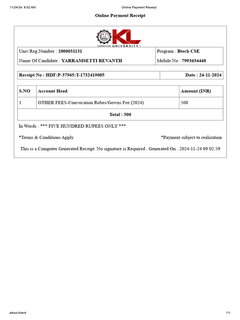 BTech CSE Convocation Fee Receipt | PDF