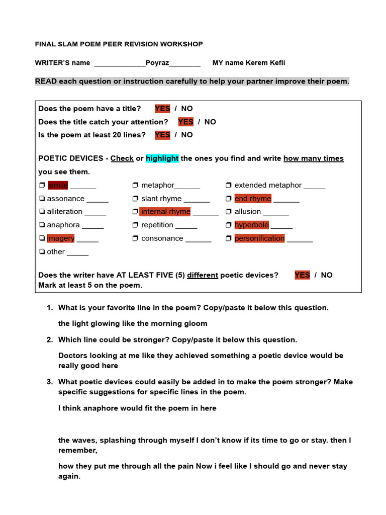 Peer Review Workshop for Slam Poems | PDF | Poetry | Rhyme