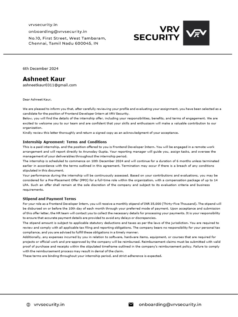 VRV Security Internship Offer Letter | PDF | Confidentiality ...