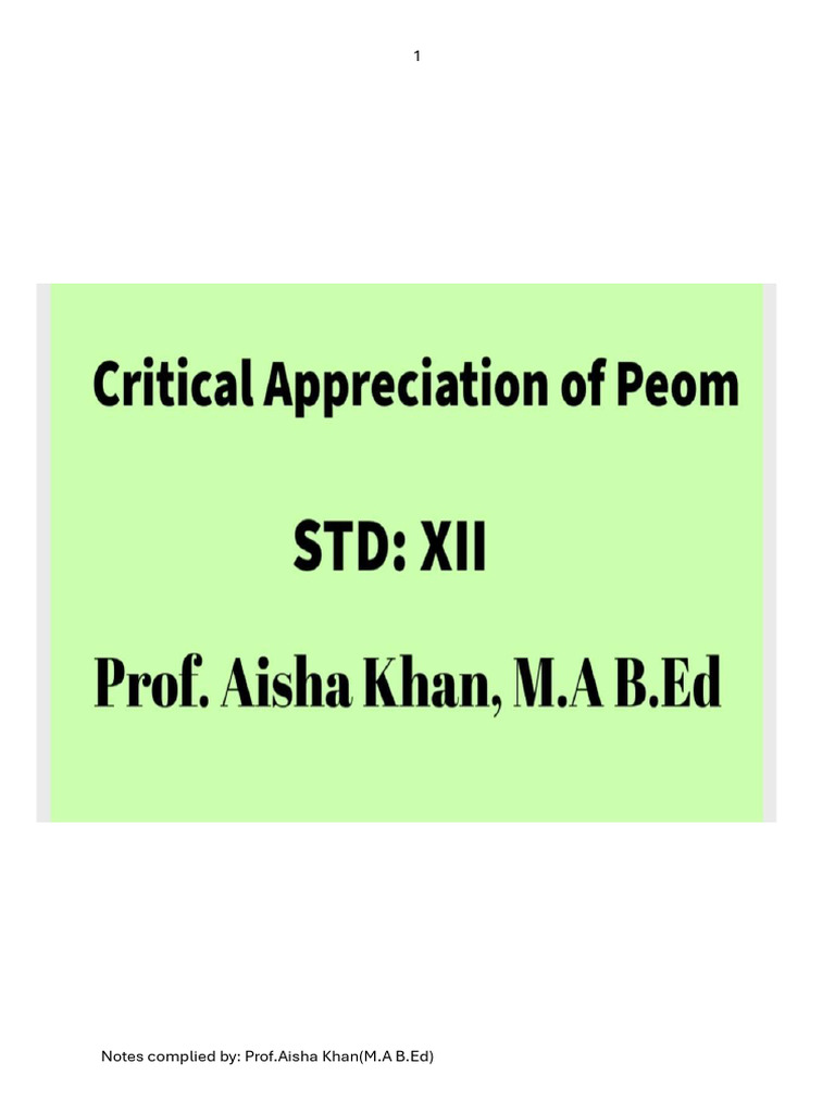 Poem Appreciations for XII English Students | PDF | Poetry | Poetics