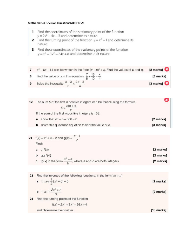 Mathematics Revision Questions | PDF