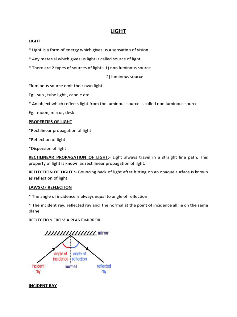 Light Class 8 Notes | PDF | Eye | Reflection (Physics)